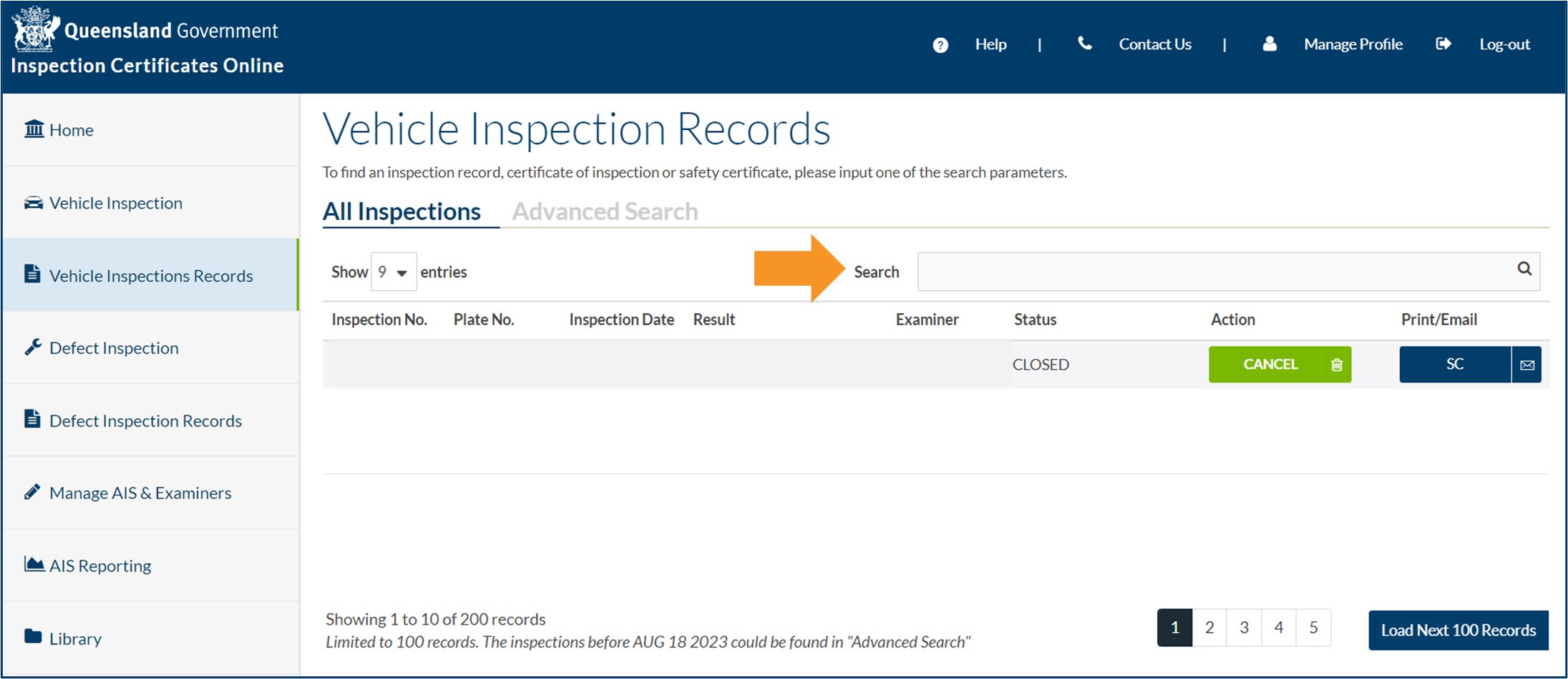Vehicle inspection records (Department of Transport and Main Roads)