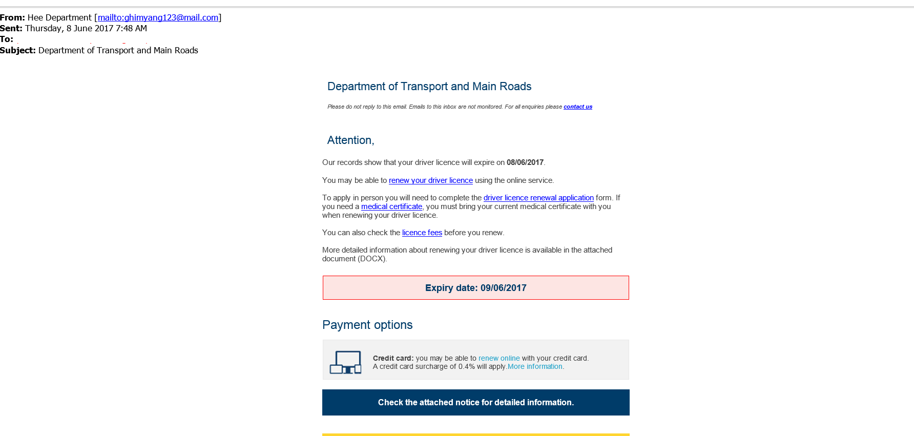 Scam emails (Department of Transport and Main Roads)