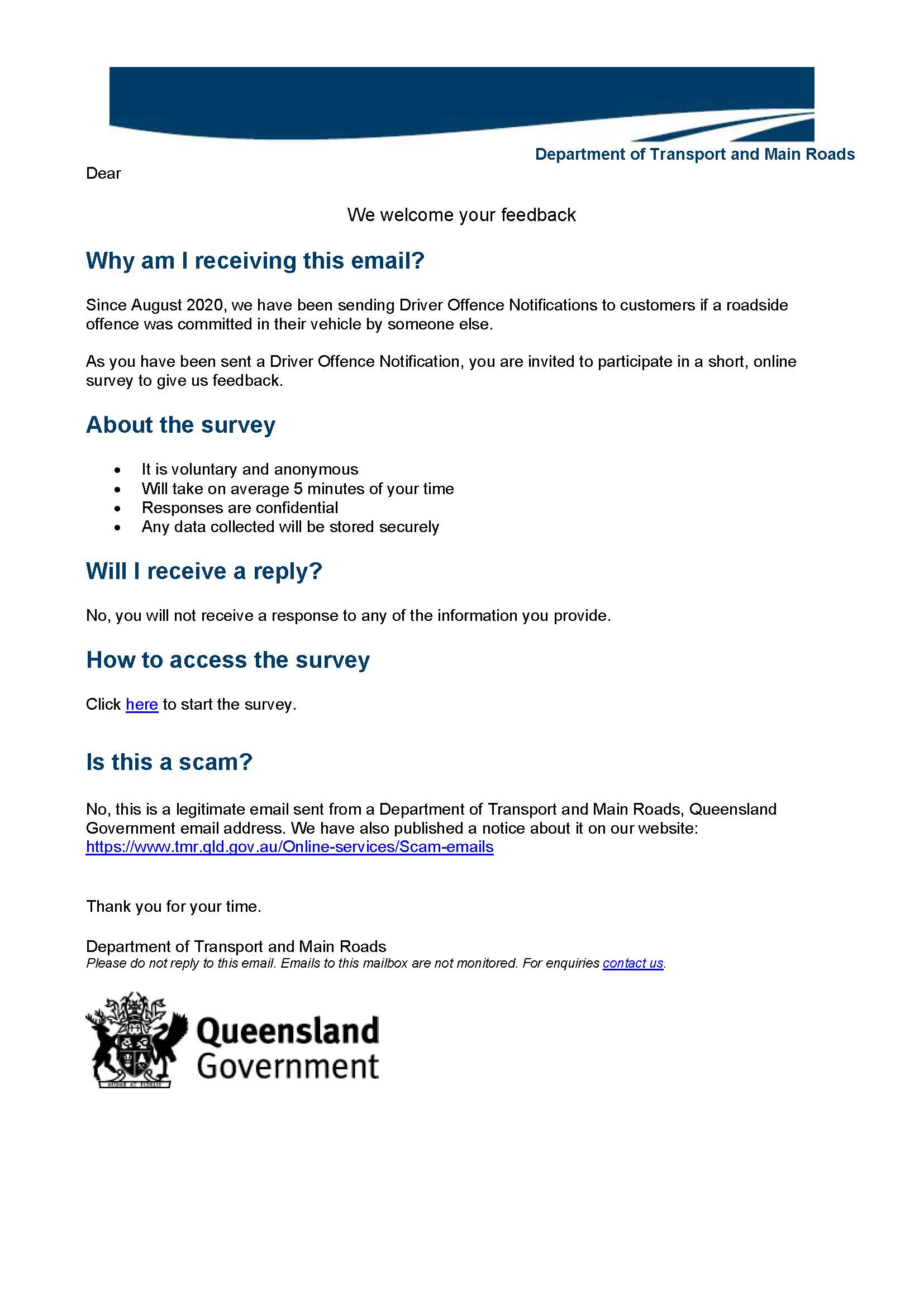 Scam emails (Department of Transport and Main Roads)