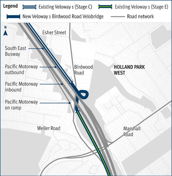 Veloway 1 (V1) Cycleway, Birdwood Road cycle bridge and approaches ...